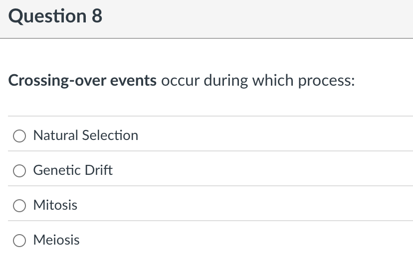 Solved Question 8Crossing-over events occur during which | Chegg.com