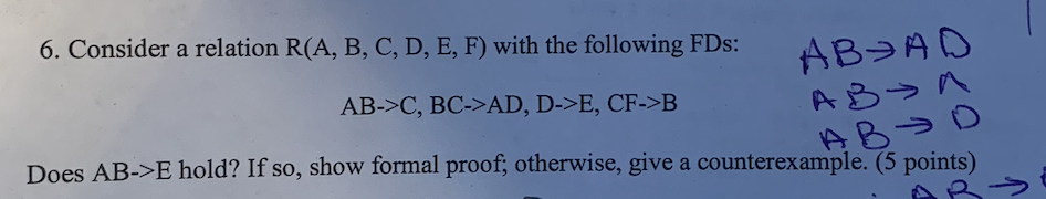Solved 6. Consider a relation R(A,B,C,D,E,F) with the | Chegg.com