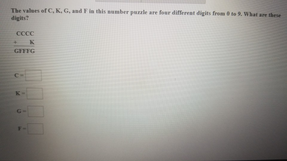 Solved The values of C, K, G, and F in this number puzzle | Chegg.com