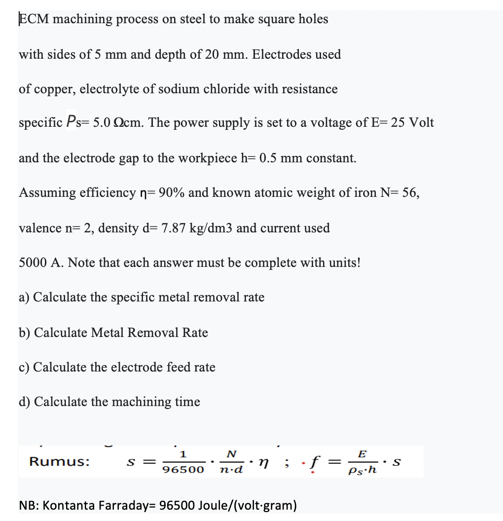 Solved ECM machining process on steel to make square holes | Chegg.com