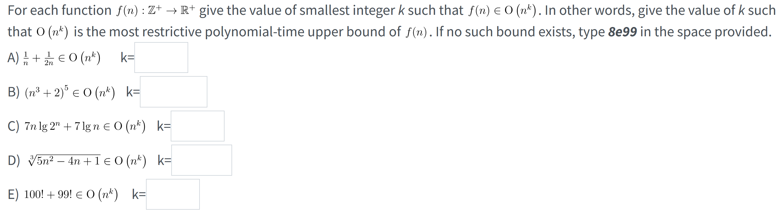 Solved For each function f(n):Z+→R+give the value of | Chegg.com