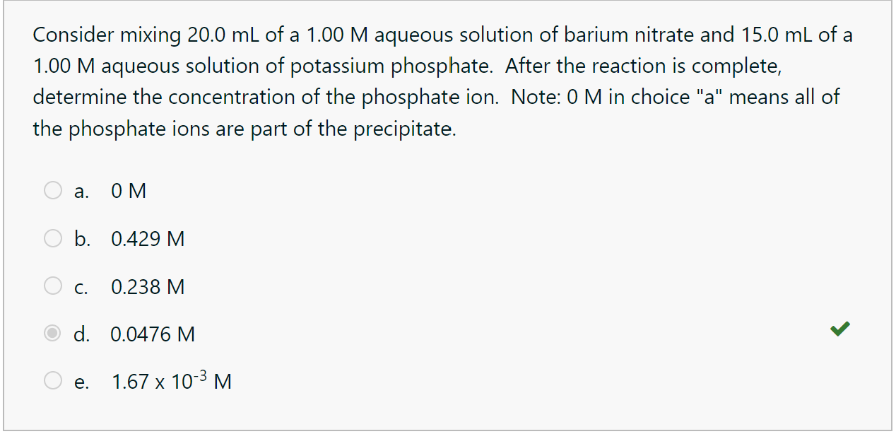Solved Consider mixing 20.0 mL of a 1.00 M aqueous solution | Chegg.com