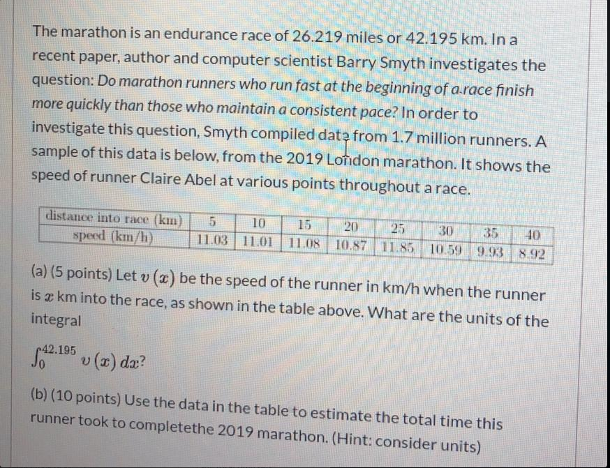 Solved The marathon is an endurance race of 26.219 miles or | Chegg.com