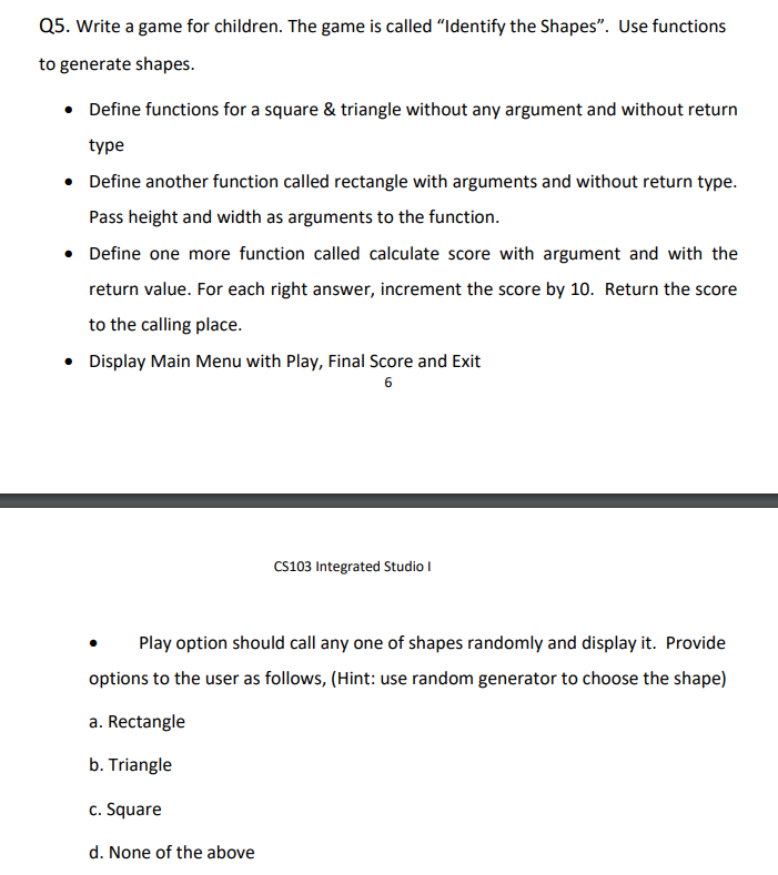 Solved Q5. Write a game for children. The game is called | Chegg.com