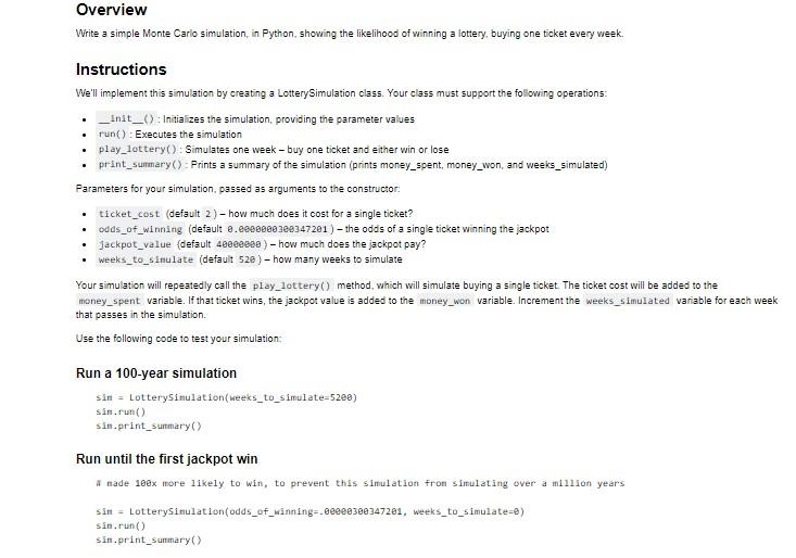 Solved Overview Write a simple Monte Carlo simulation, in | Chegg.com