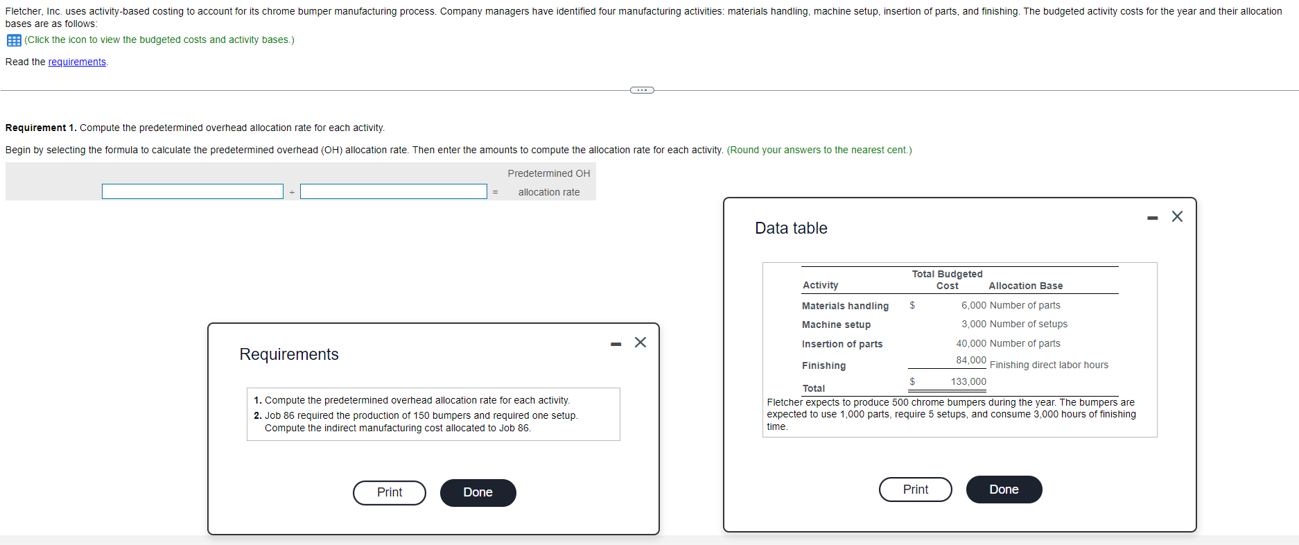 Solved Fletcher, Inc. uses activity-based costing to account | Chegg.com