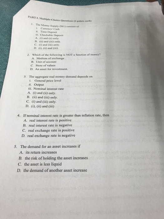 Solved PART I. Multiple-Choice Questions polnts ea I. The | Chegg.com