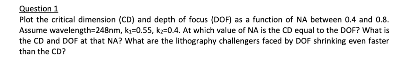 Solved Question 1Plot the critical dimension (CD) ﻿and depth | Chegg.com