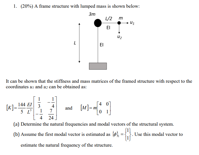 Solved I. (20%) A frame structure with lumped mass is shown | Chegg.com