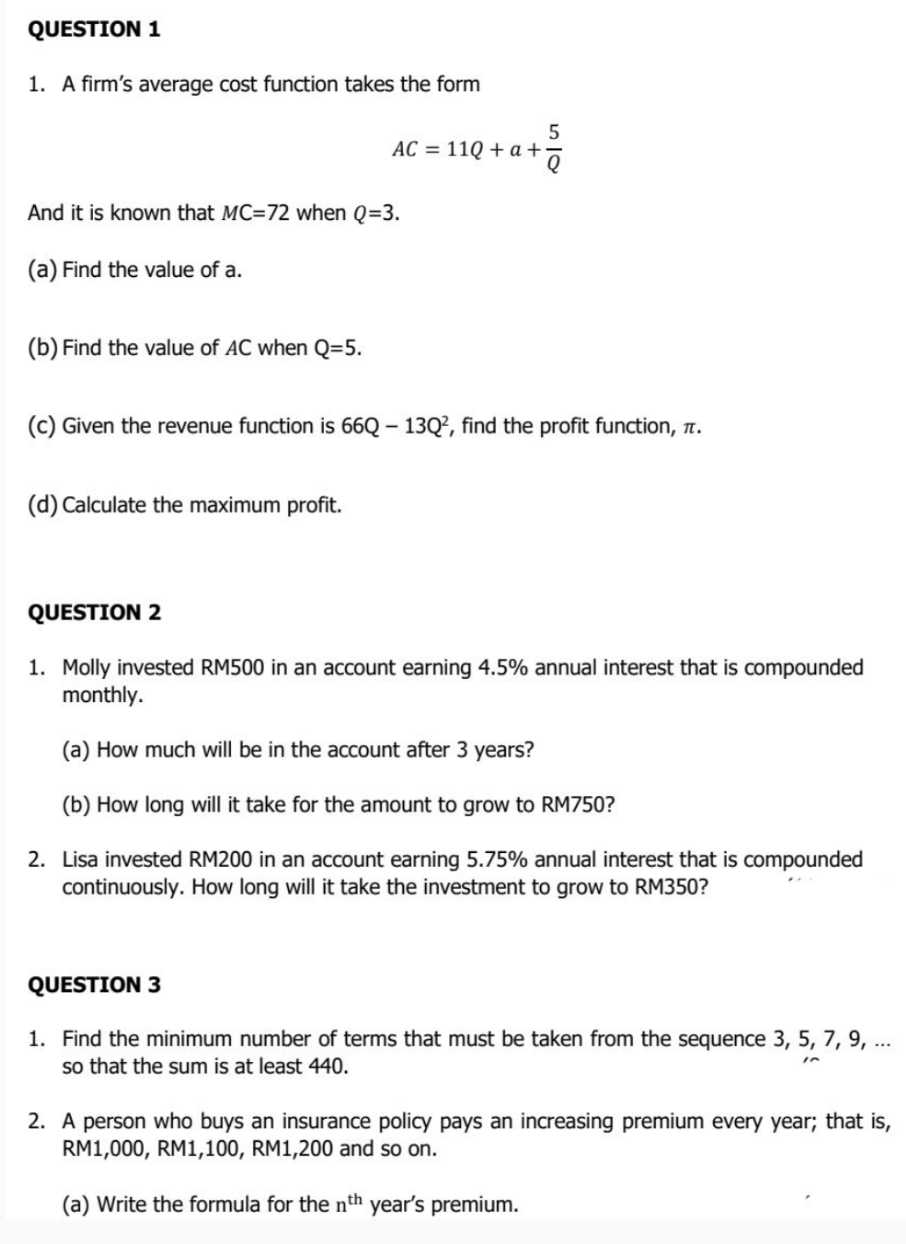 Solved QUESTION 1A firm's average cost function takes the | Chegg.com