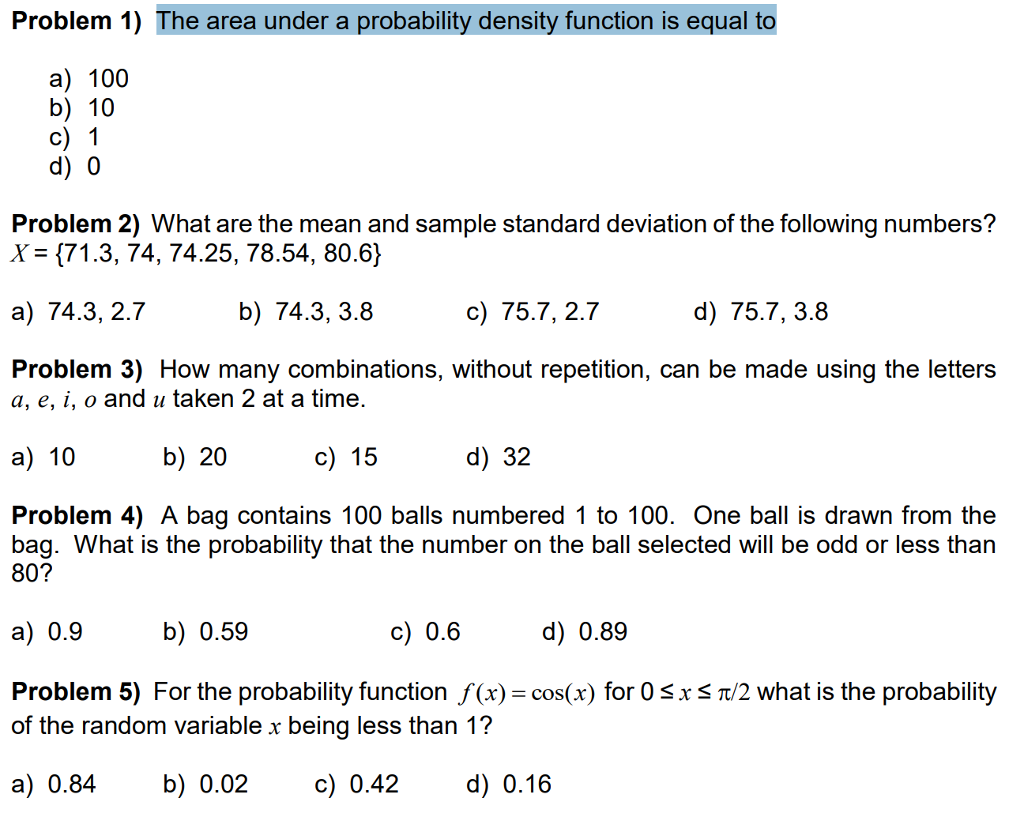 Solved Problem 1) The area under a probability density | Chegg.com