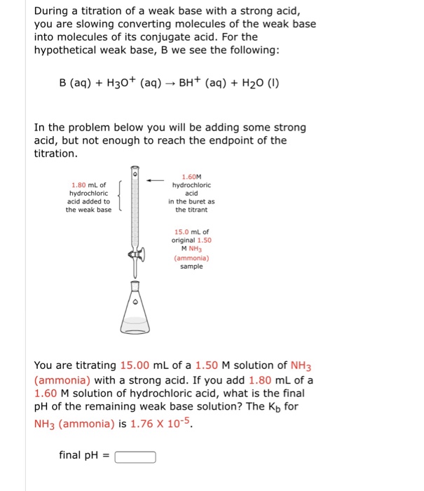 Solved During a titration of a weak base with a strong acid, | Chegg.com