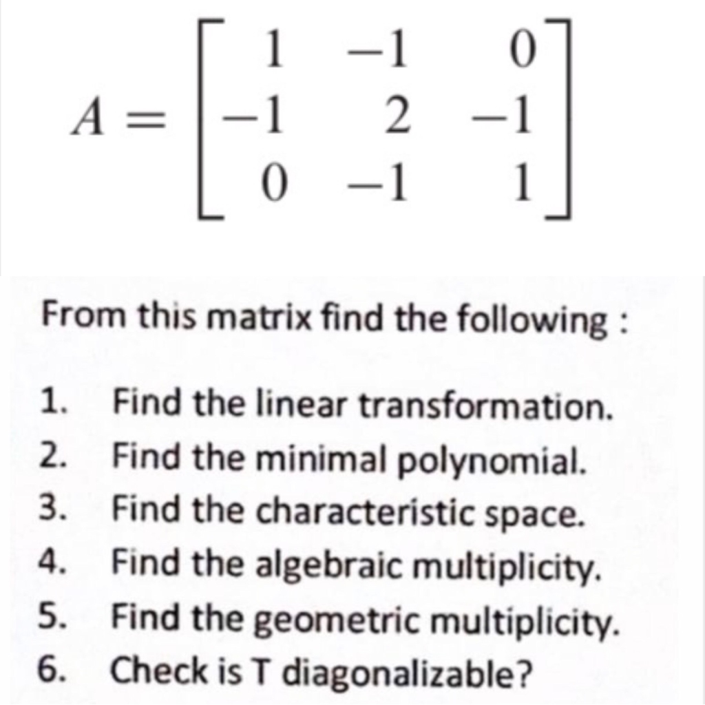 Solved 0 A= 1 -1 2 0 -1 1 From this matrix find the | Chegg.com