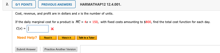 Solved 0/1 POINTS PREVIOUS ANSWERS HARMATHAP12 12.4.001. | Chegg.com