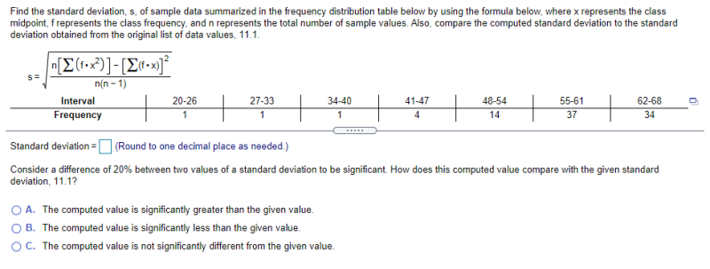 Solved Find the standard deviation, s, of sample data | Chegg.com