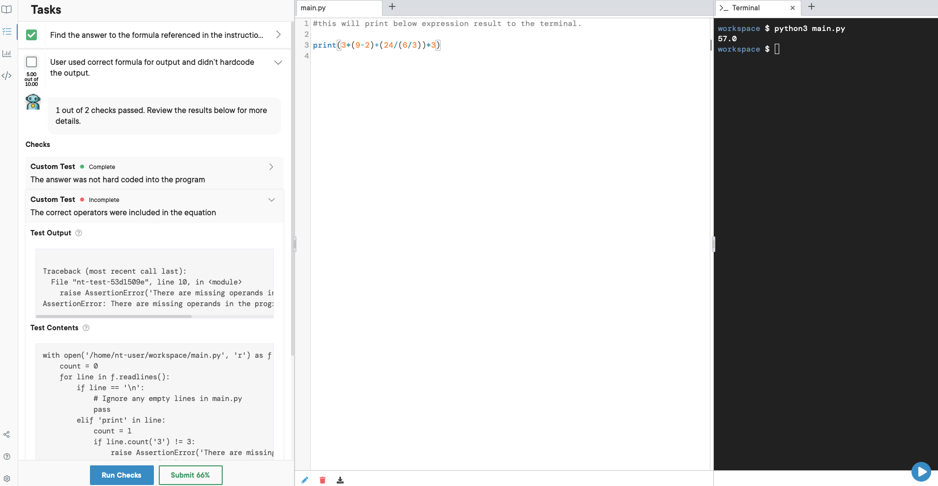 Solved + Order of Operations >_ Terminal X + main.py 1 #this | Chegg.com