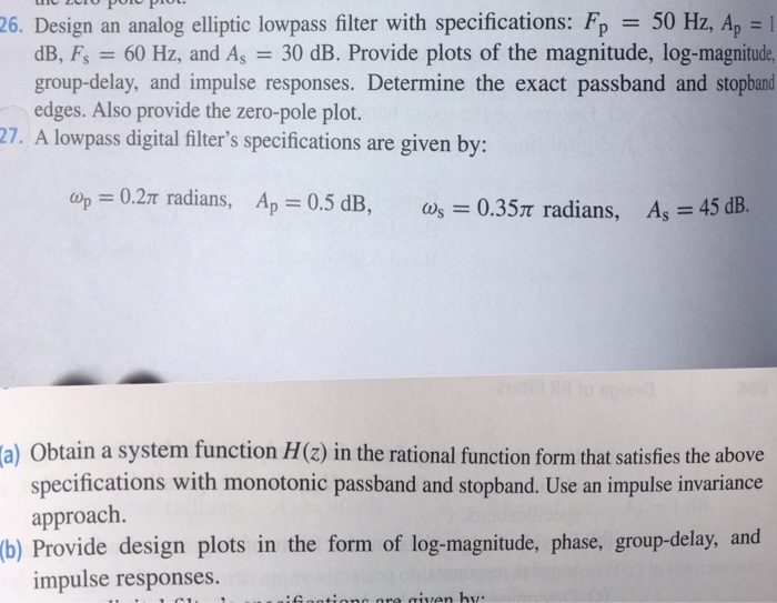 Solved Design an analog elliptic lowpass filter with | Chegg.com