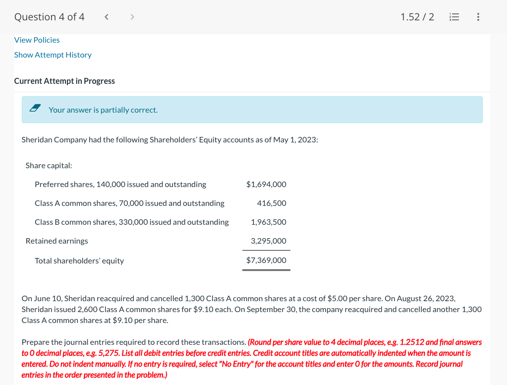 Solved Sheridan Company had the following Shareholders' | Chegg.com