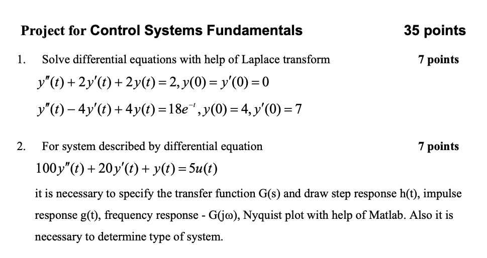 Solved Project for Control Systems Fundamentals 35 points 1. | Chegg.com