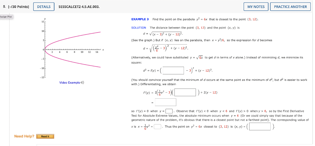 Solved EXAMPLE 3 Find the point on the parabola y2=6x that | Chegg.com