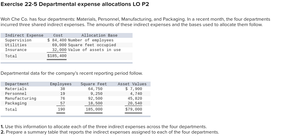 Solved Exercise 22-5 Departmental expense allocations LO P2 | Chegg.com
