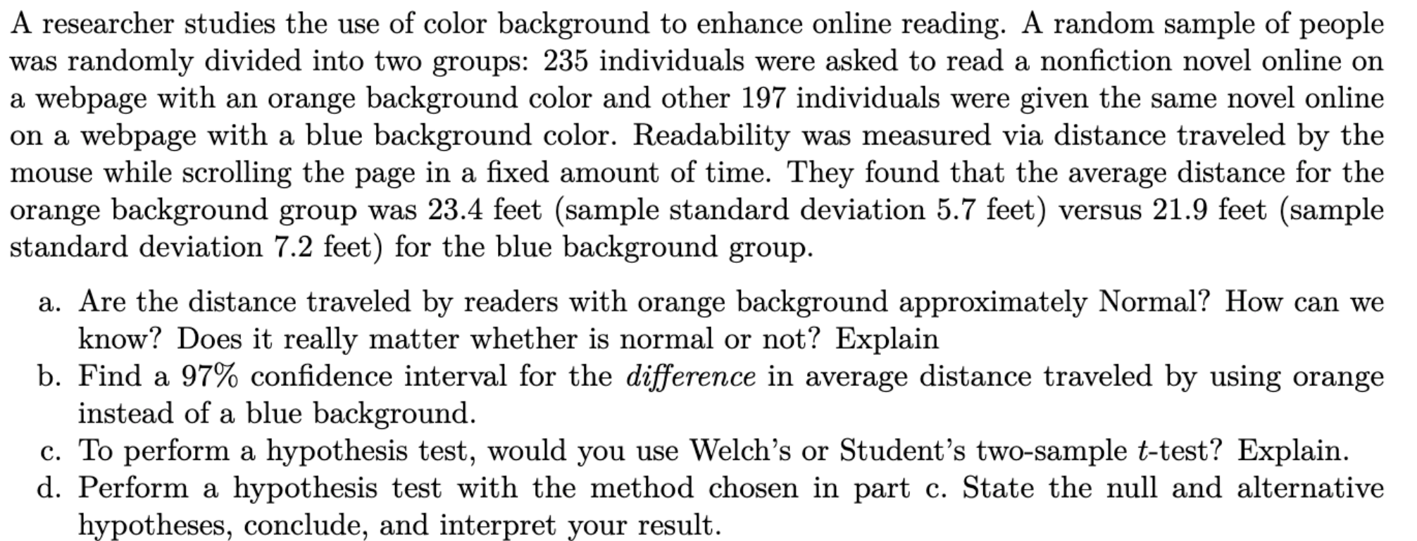 Solved A researcher studies the use of color background to | Chegg.com
