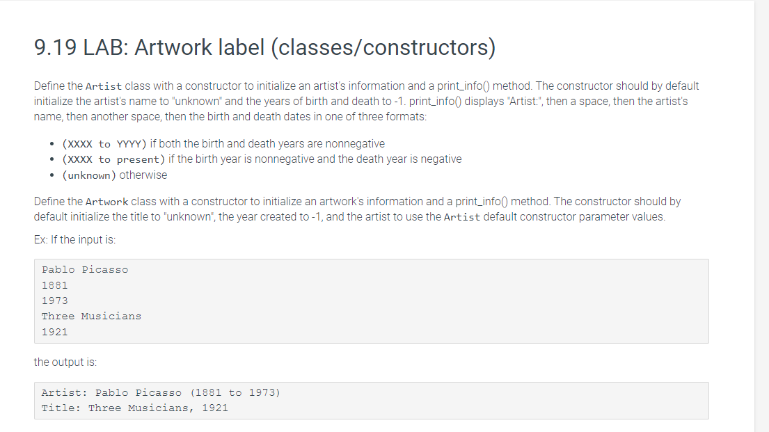 Solved Define The Artist Class With A Constructor To 