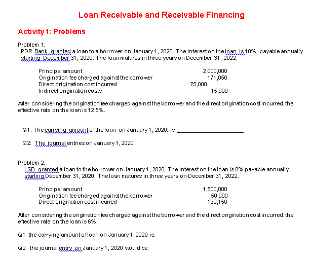 Loan Receivable and Receivable Financing Activity 1: | Chegg.com