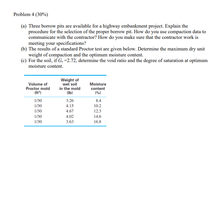 Solved Problem 4 (30%) (a) Three borrow pits are available | Chegg.com