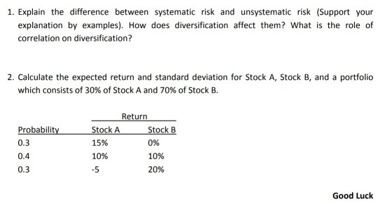 Solved 1. Explain the difference between systematic risk and | Chegg.com