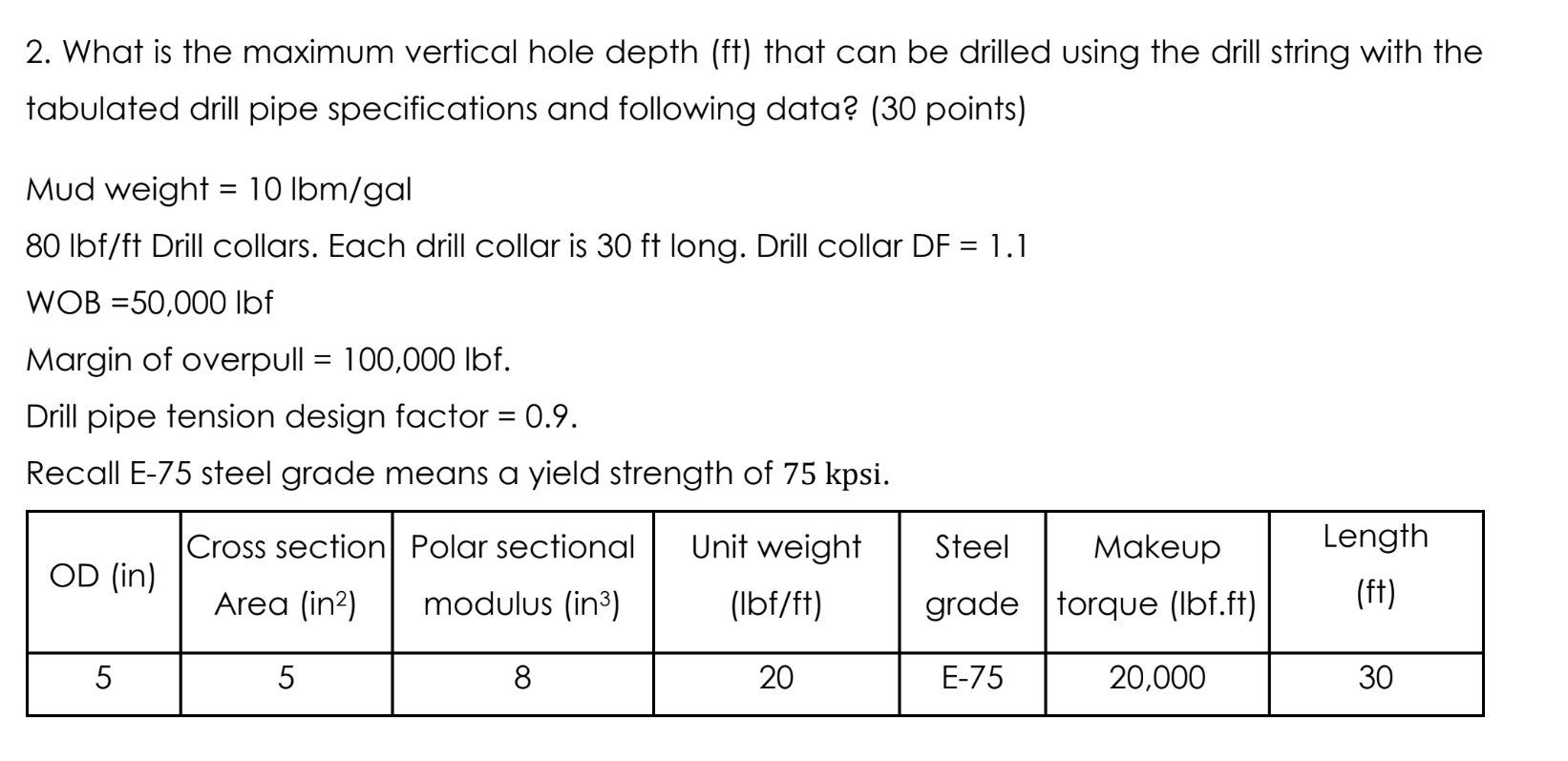 Solved 2. What is the maximum vertical hole depth (ft) that | Chegg.com