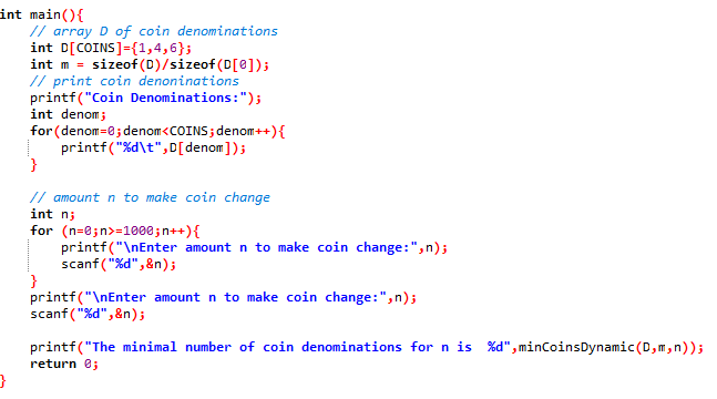 C Program: How do I output the coin denominations | Chegg.com