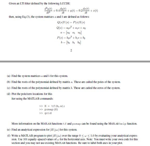 Solved dylo +0.4 dt dt Given an LTI filter defined by the | Chegg.com