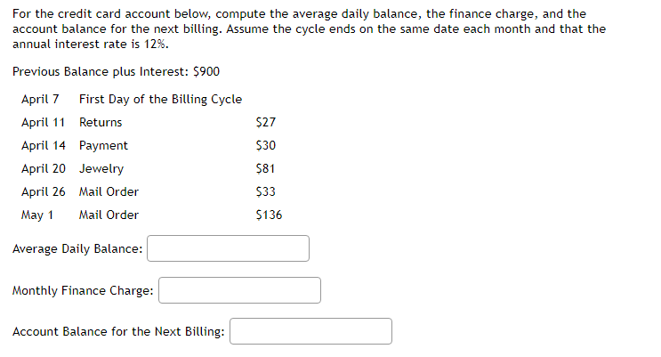 Solved For the credit card account below, compute the | Chegg.com