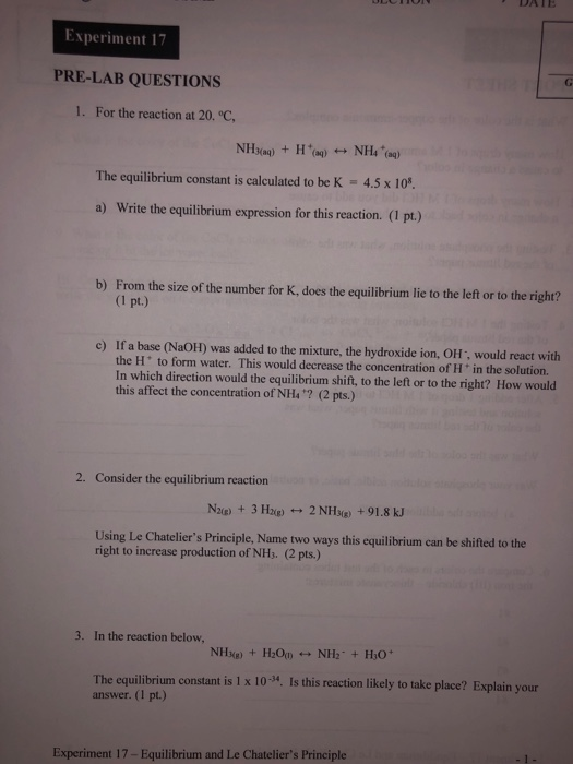 Solved Experiment 17 PRE-LAB QUESTIONS 1. For the reaction | Chegg.com