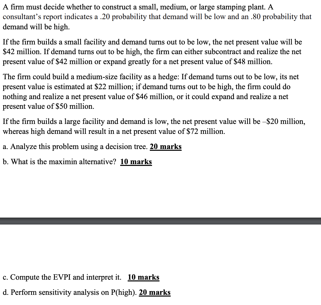 Solved A firm must decide whether to construct a small, | Chegg.com