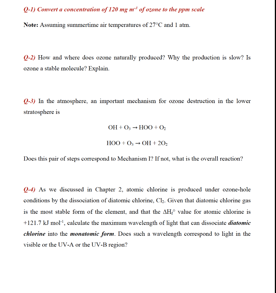 Solved Q-1) Convert a concentration of 120 mg m’ of ozone to | Chegg.com