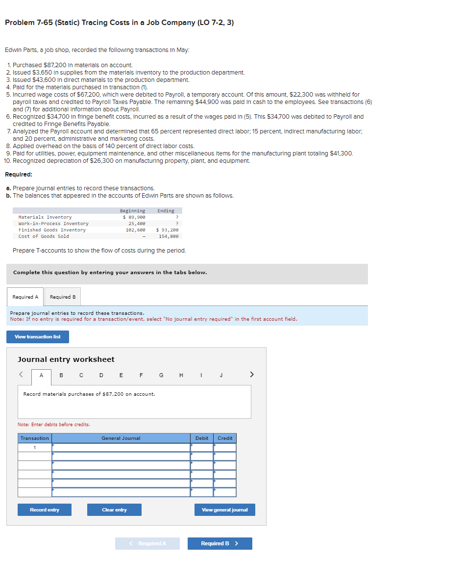 Solved Problem 7-65 (Static) Tracing Costs in a Job Company | Chegg.com