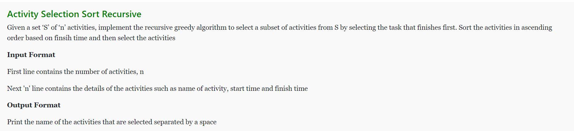 Solved Activity Selection Sort Recursive Given a set ' S ' | Chegg.com