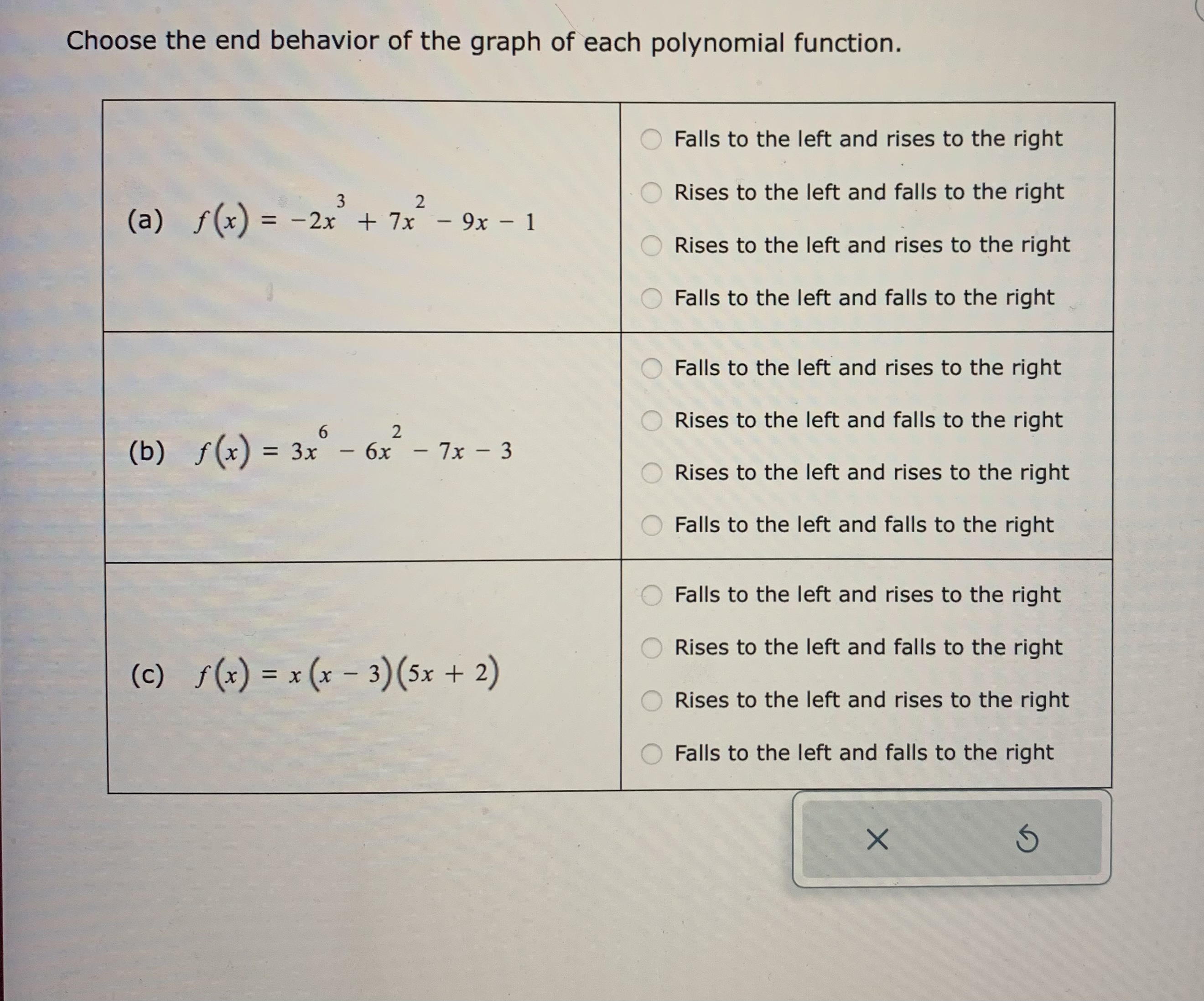 Solved Choose the end behavior of the graph of each | Chegg.com