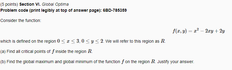 Solved (5 points) Section VI. Global Optima Problem code | Chegg.com