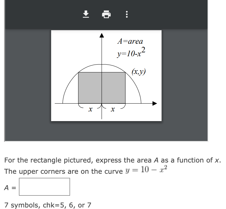 Solved A=area y=10-72 (x,y) х х For the rectangle pictured, | Chegg.com