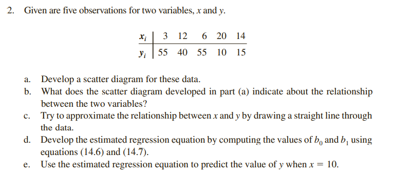 Solved 2. Given are five observations for two variables, x | Chegg.com