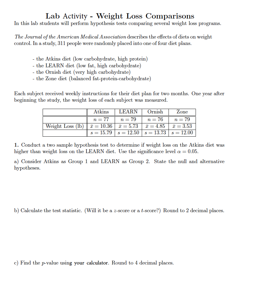 Solved Lab Activity - Weight Loss Comparisons In this lab | Chegg.com
