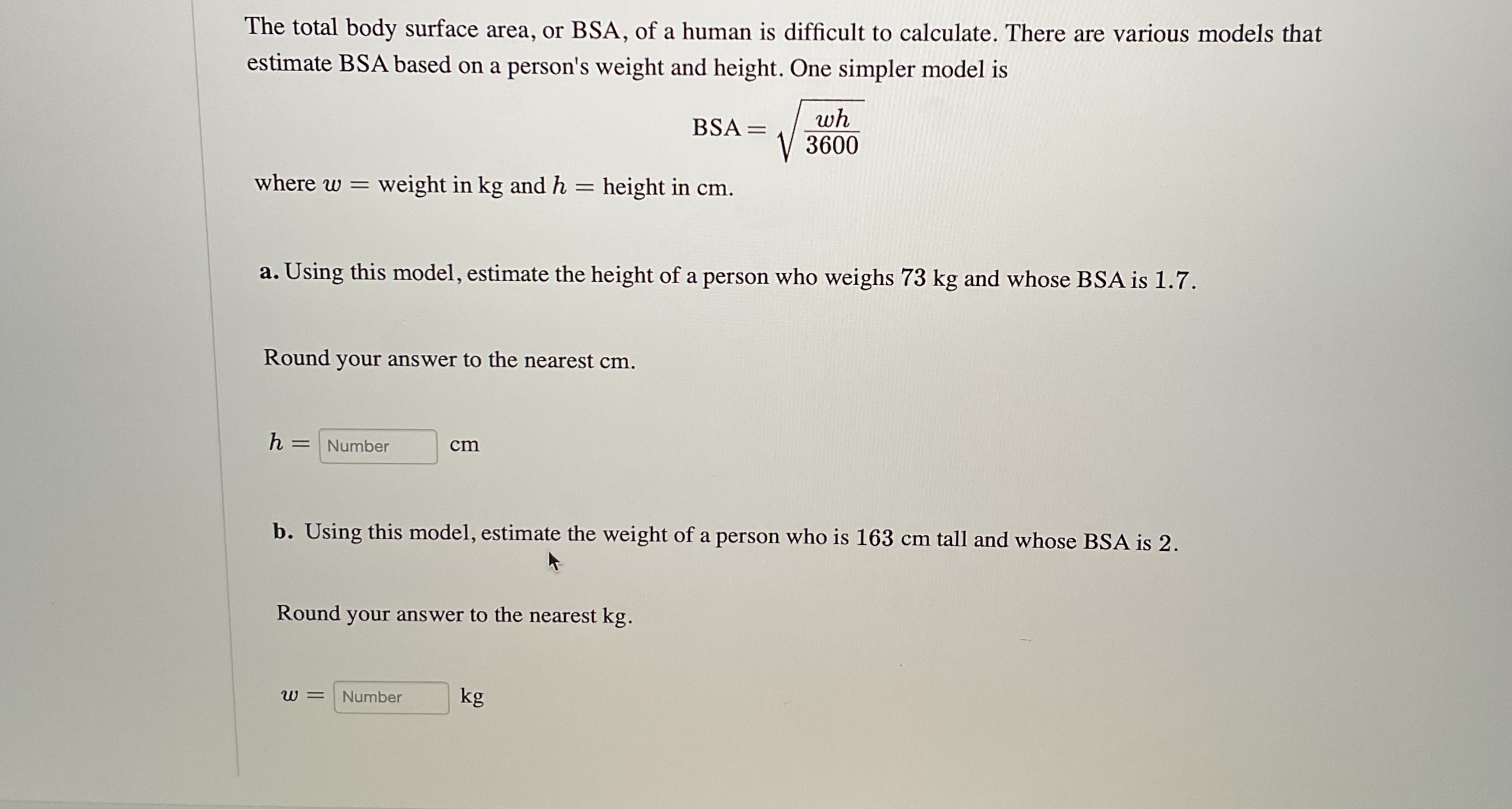 Solved The total body surface area, or BSA, of a human is | Chegg.com