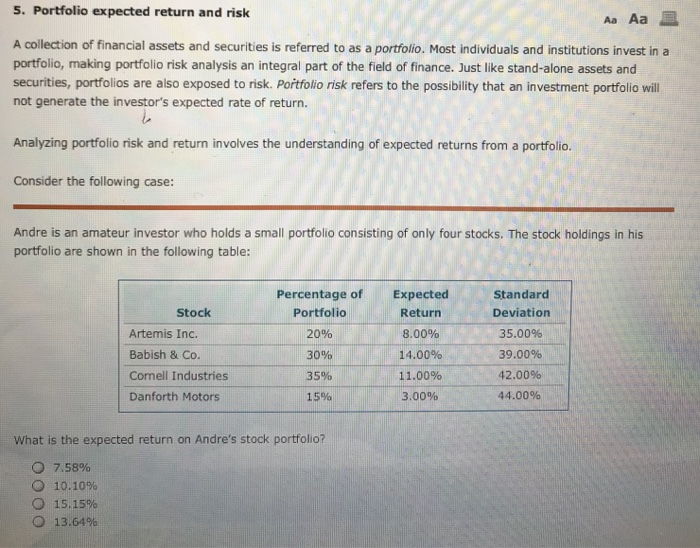 Solved 5. Portfolio expected return and risk Aa Aa A | Chegg.com