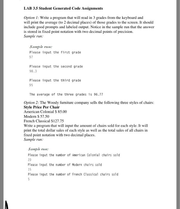 Solved LAB 35 Student Generated Code Assignments OptionI | Chegg.com