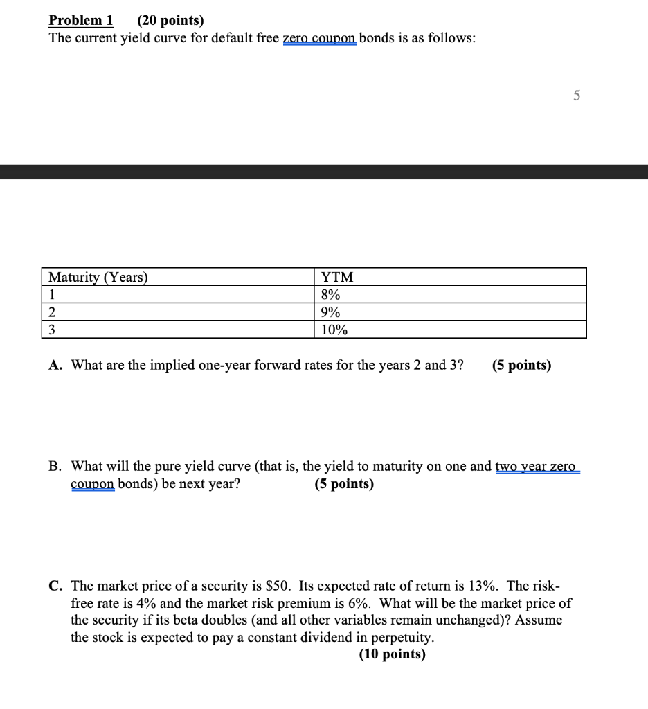 Solved Problem 1 (20 points) The current yield curve for | Chegg.com