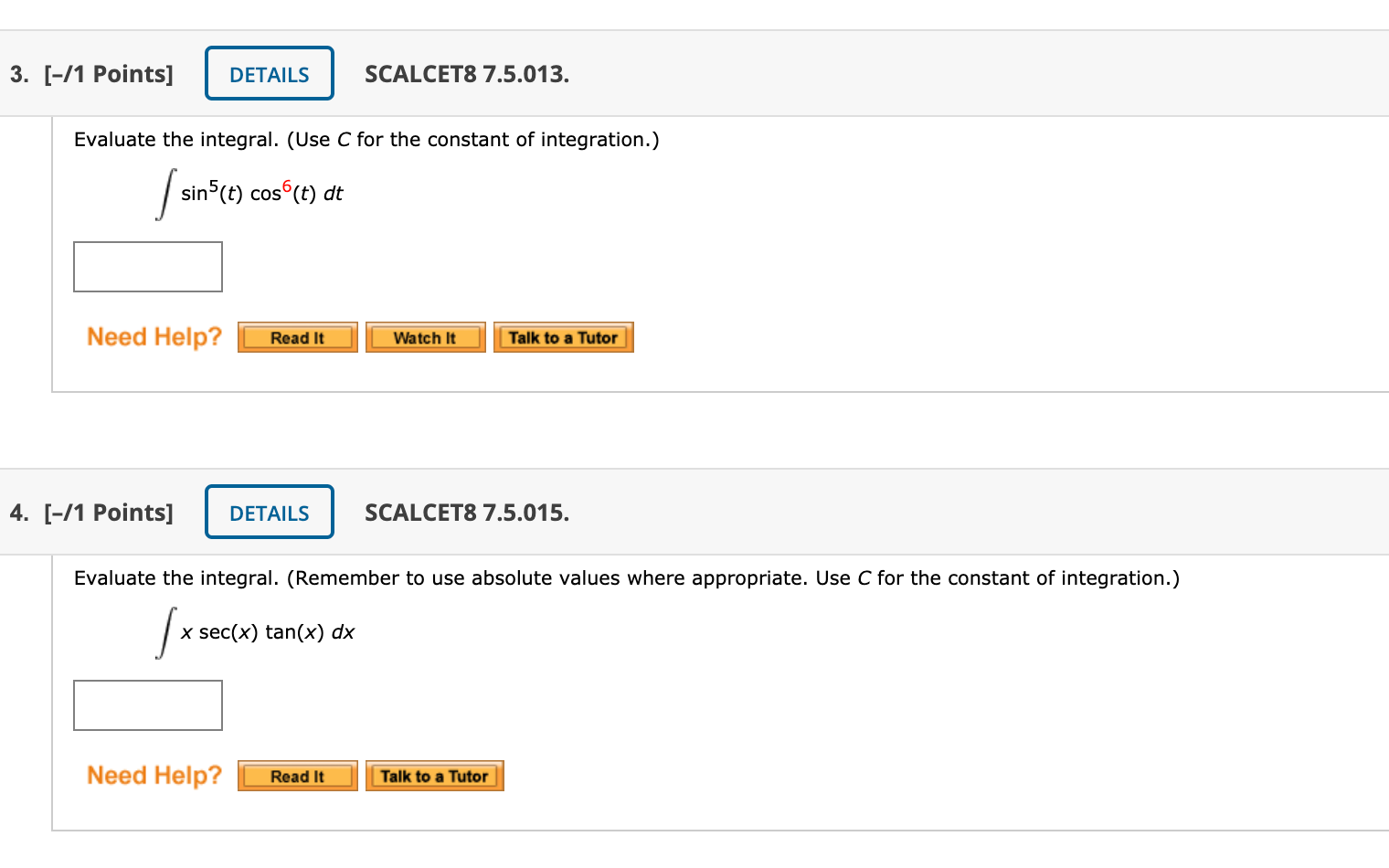 Solved 3. [-/1 Points] DETAILS SCALCET8 7.5.013. Evaluate | Chegg.com