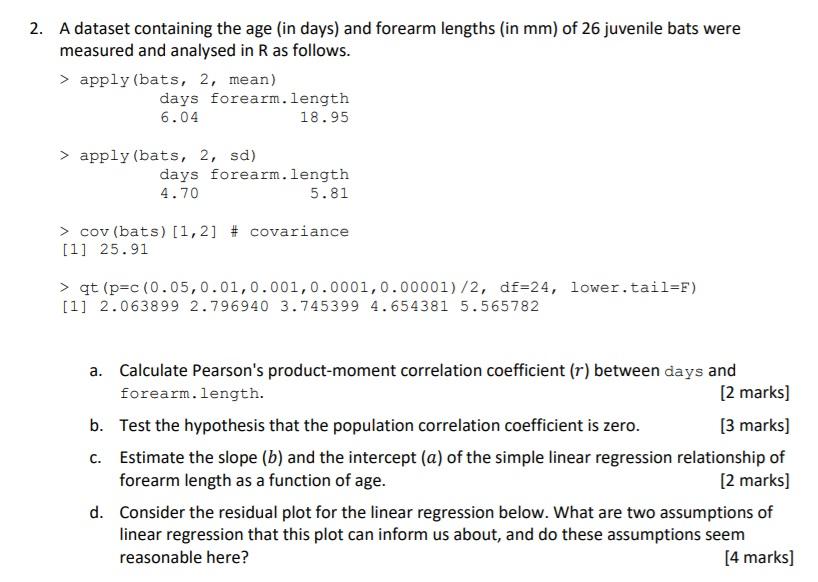 Solved 2. A dataset containing the age (in days) and forearm | Chegg.com